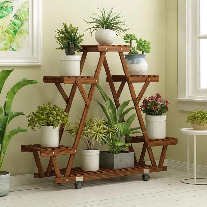 Indoor Outdoor Solid Wood Triangular Multi-Tier Plant Stand with Locki ...